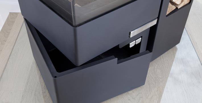 Aduro 12 wood stove with wood rack and corner window